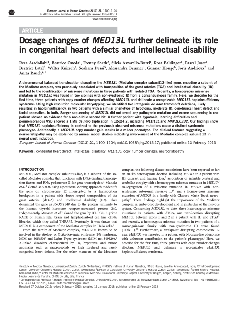 Dosage changes of MED13L further delineate its role in congenital heart ...
